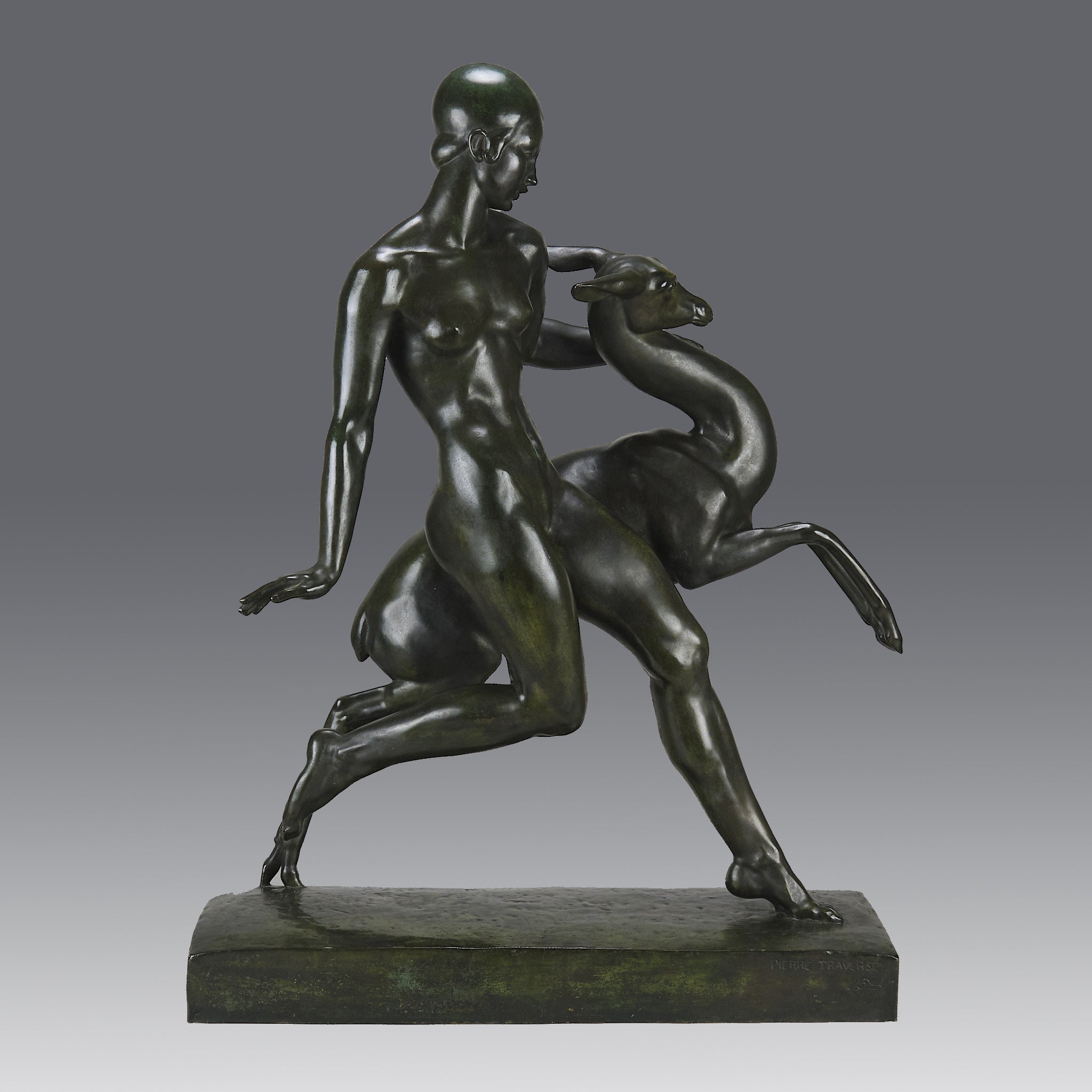 Nymph & Deer by Pierre Traverse - Art Deco Sculpture - Hickmet Fine Arts